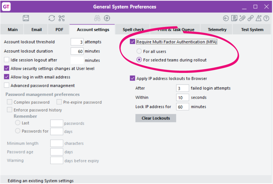 Turning on MFA for a Greentree site