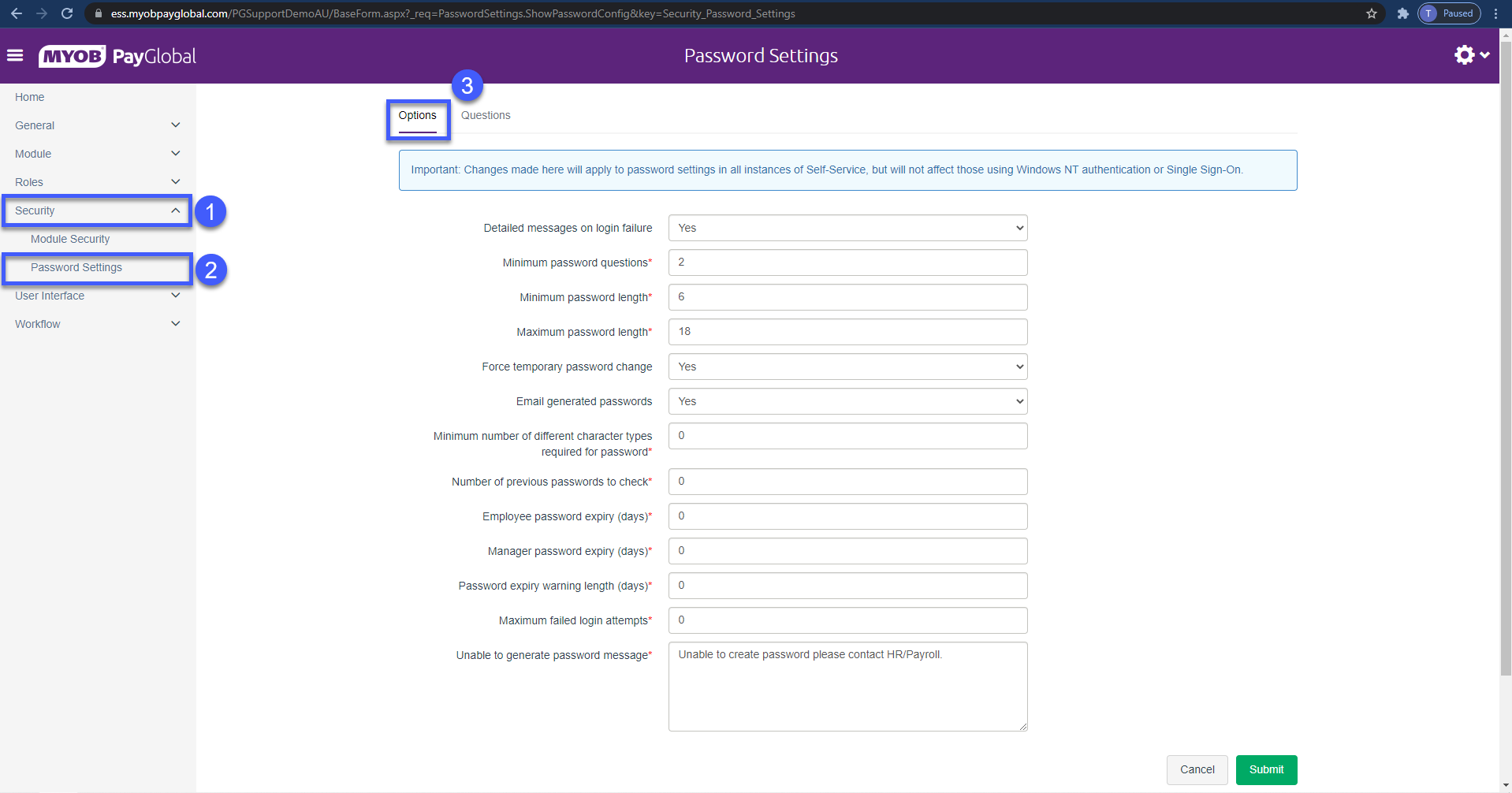 Changing password requirements for logging into ESS