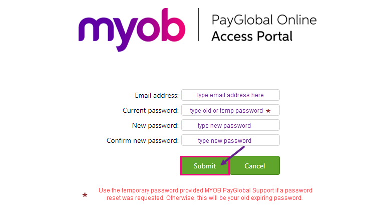 Reset PayGlobal Online Access Portal password