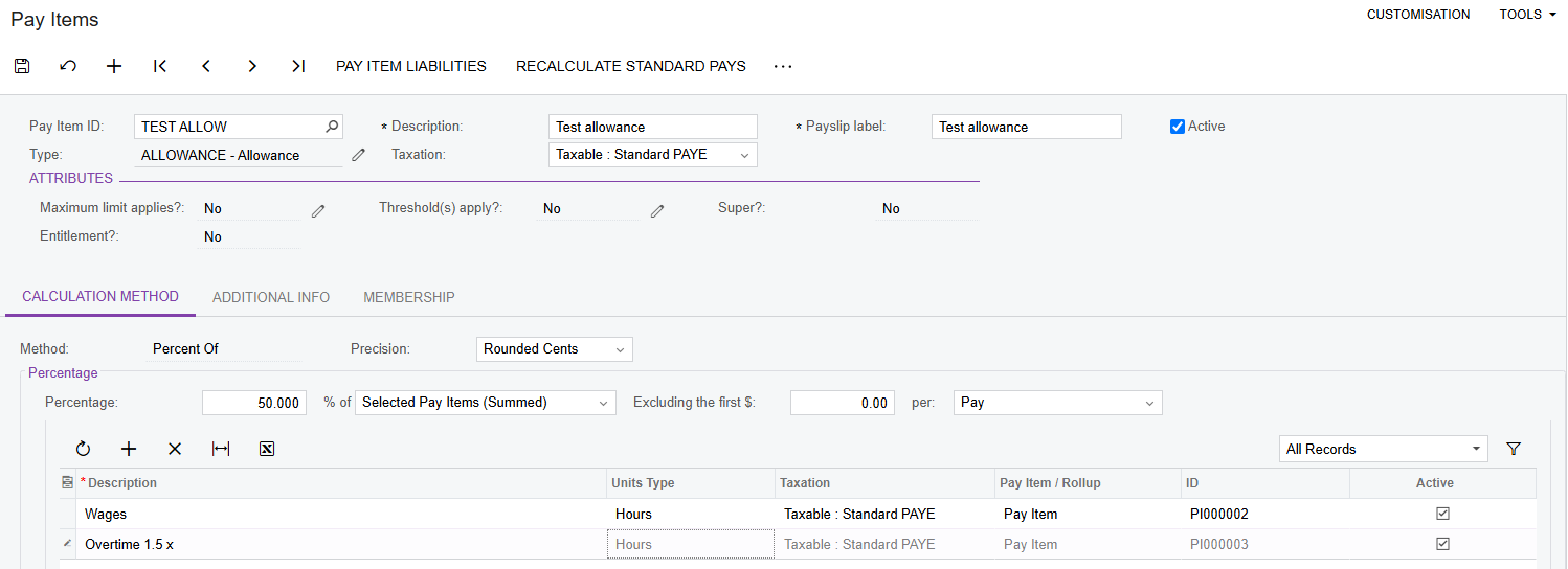 Adding derived values to allowance pay items
