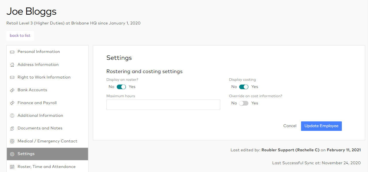 How do I set an employee to be rosterable or unrosterable?