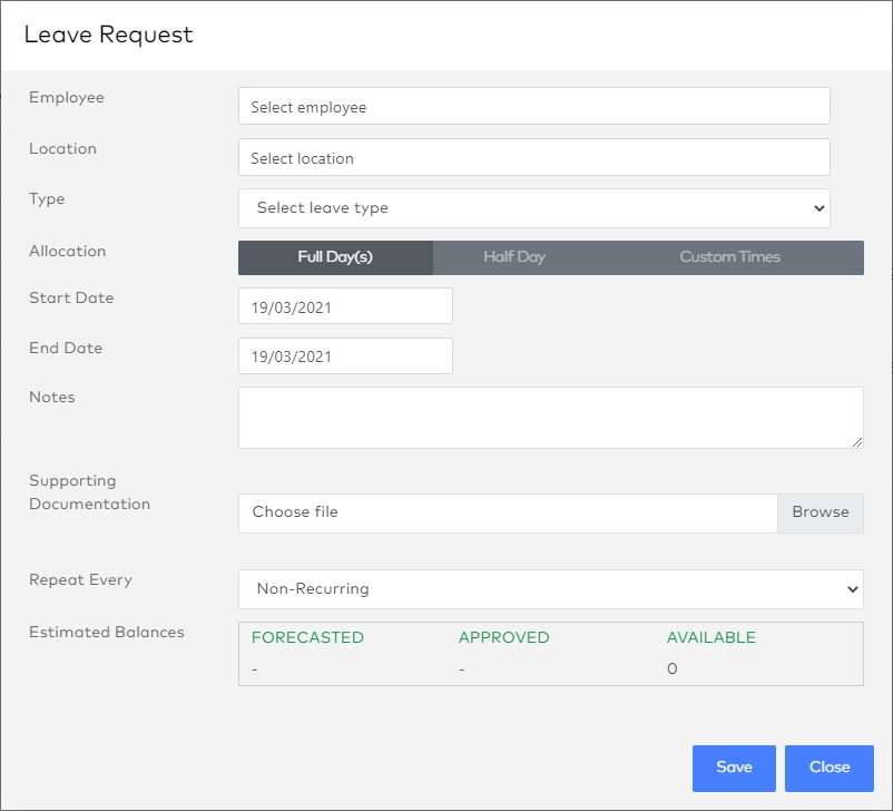 How do I lodge leave requests on an employee's behalf?