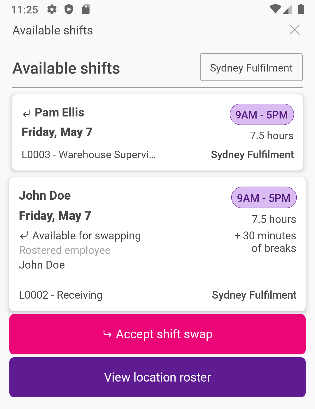 Available shifts and roster