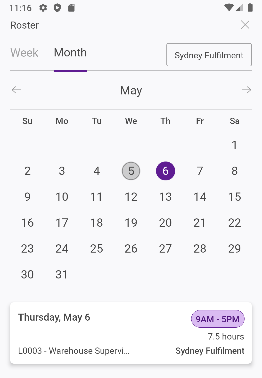 Available shifts and roster