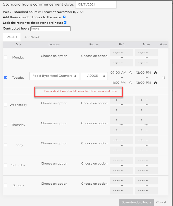 How to save Standard Hours without a Break / avoid "Break start time ...