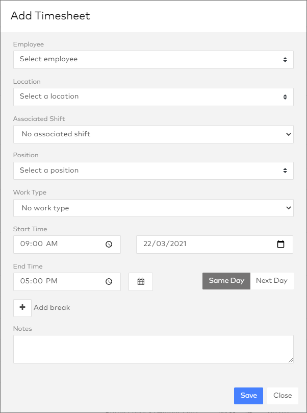 How do I create a timesheet for an employee who was not scheduled?