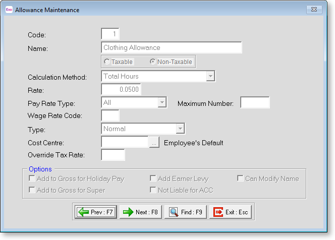 Exo Timesheet Allowance Maintenance